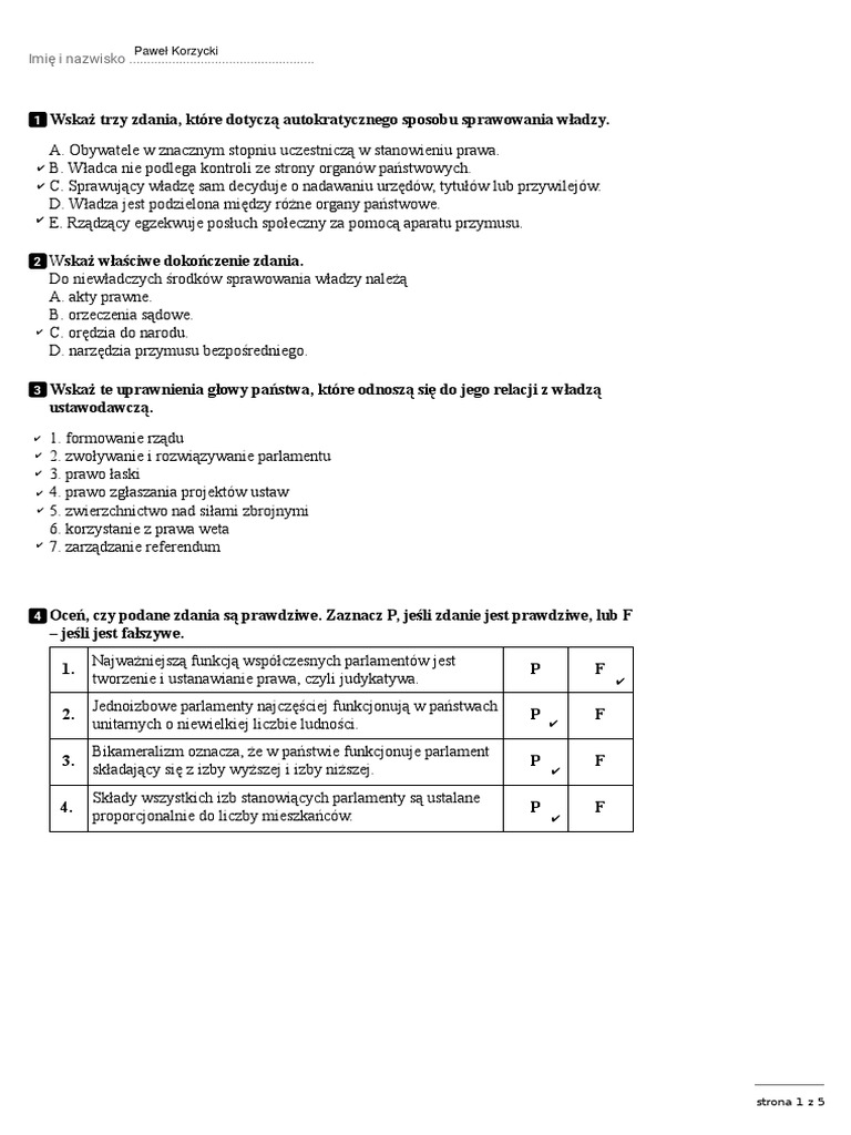 Ustroje-Polityczne-Współczesnych-Państw-Test Odp | PDF