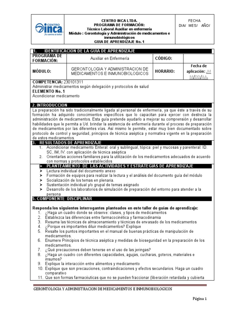 Guia 1 Acondicionar Mediamento | PDF | Medicamentos con receta ...