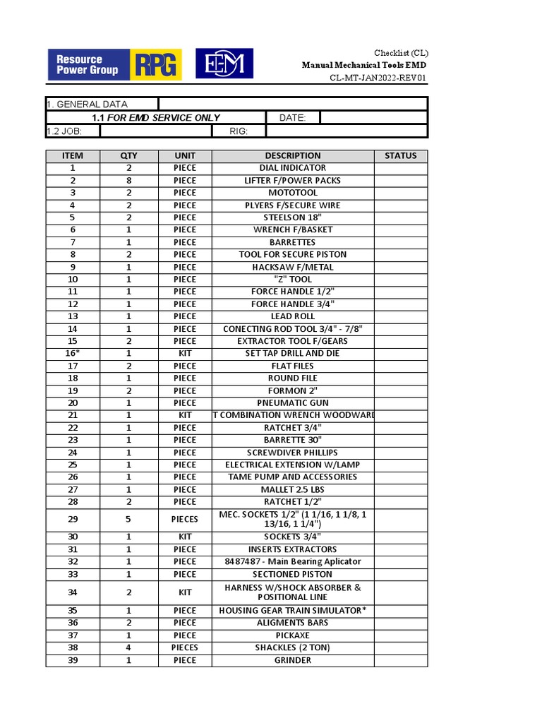 Mechanical Tools Checklist PDF | PDF | Equipment | Tools