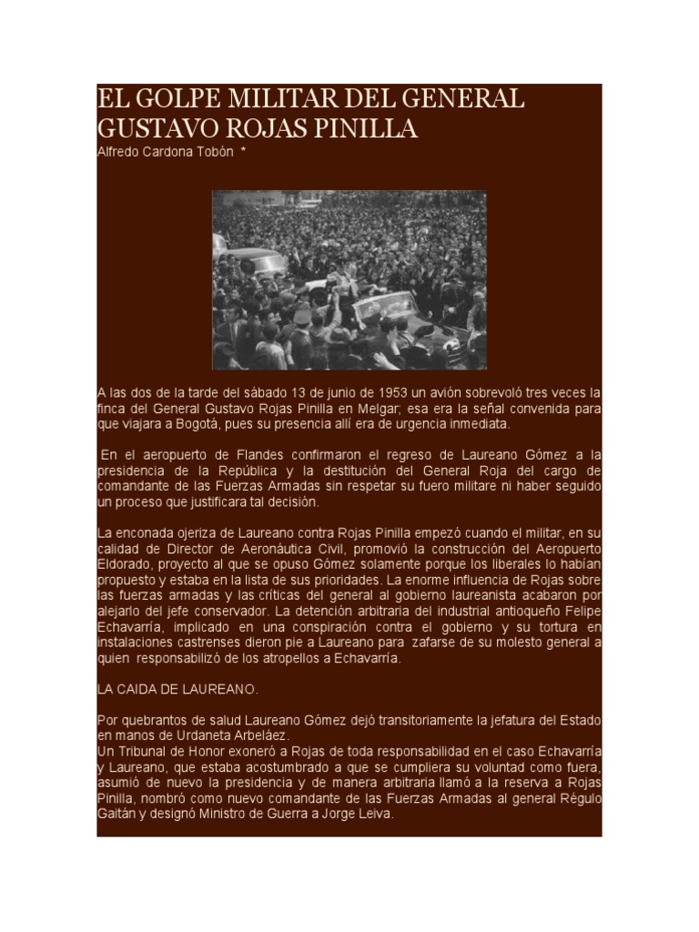 El Golpe Militar Del General Gustavo Rojas Pinilla | PDF | Historia