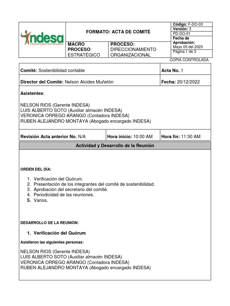 Formato Acta Comite de Sostenibilidad | PDF | Contabilidad | Contador