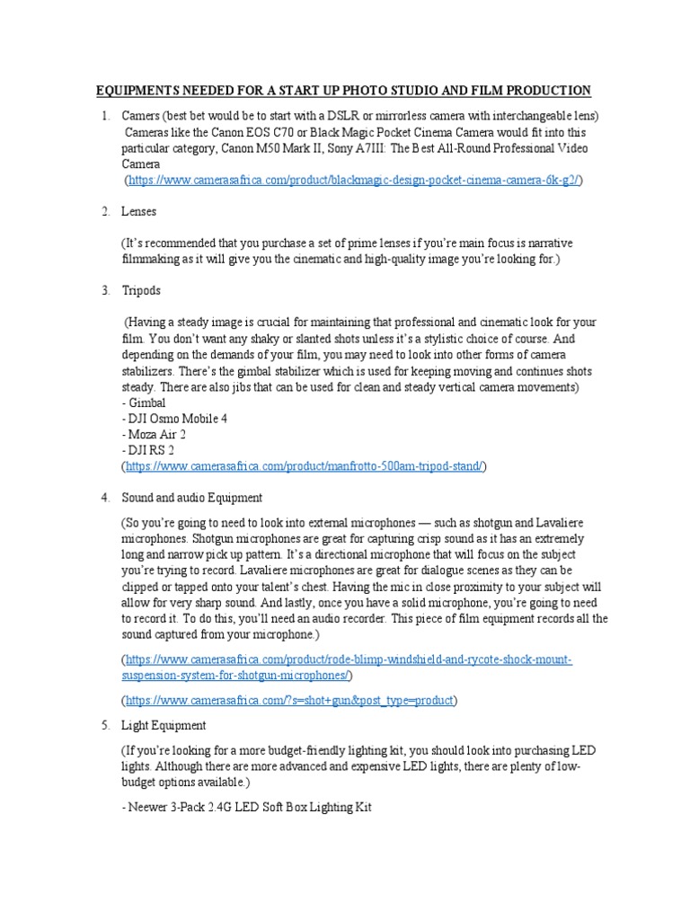 EQUIPMENTS NEEDED FOR A START UP PHOTO STUDIO AND FILM PRODUCTION Word ...