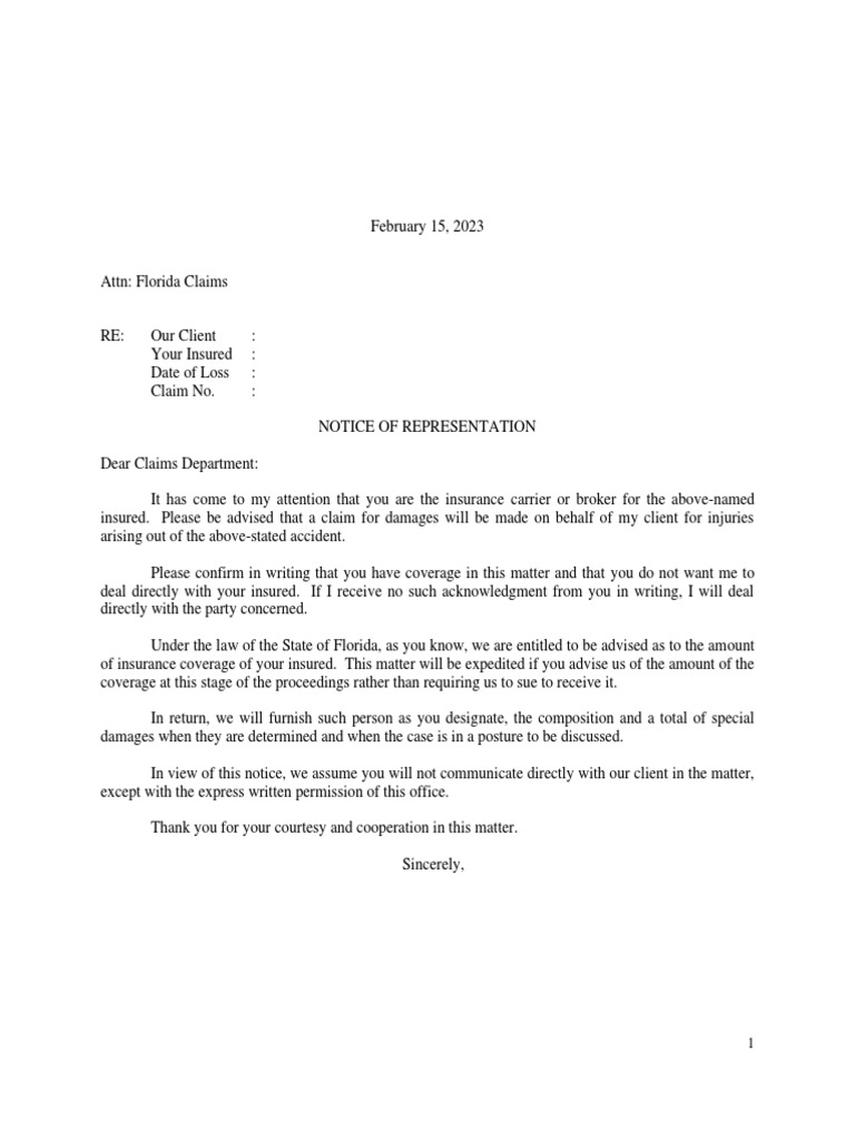 Notice of Representation To Defendant's Insurance | PDF