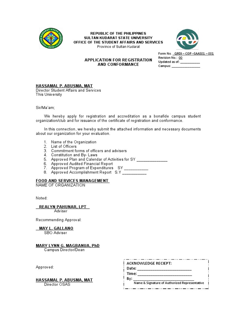 Application Letter For Student Org Accreditation | PDF