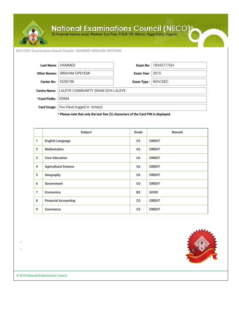 Neco Result - . | PDF