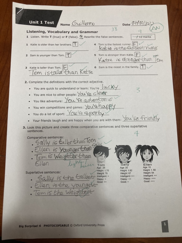 Big Surprise 6 - Unit 1 Test - pg1 - IMG - 4750 | PDF