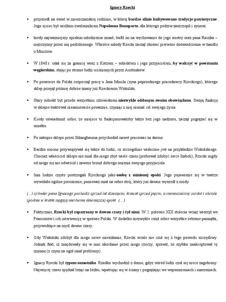 Ignacy Rzecki - Charakterystyka | PDF
