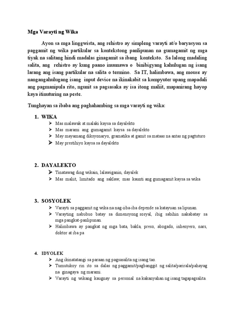 Mga Varayti NG Wika | PDF
