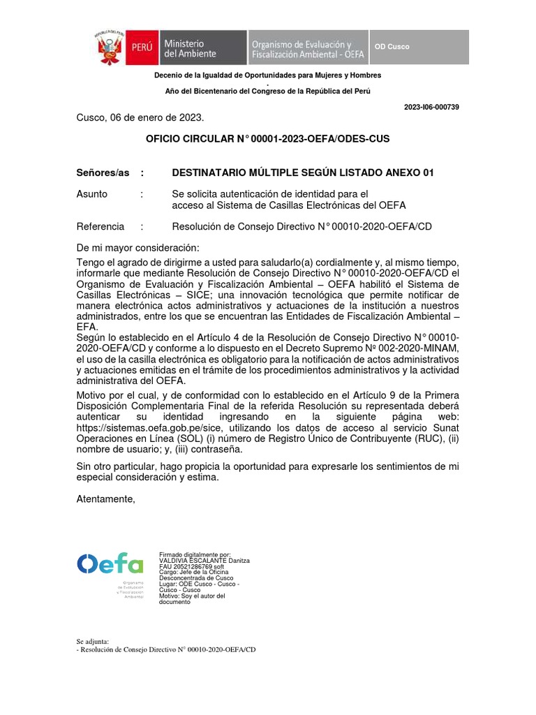 Oficio Circular N 0001 2023 Oefa Odes Cus | PDF | Autenticación