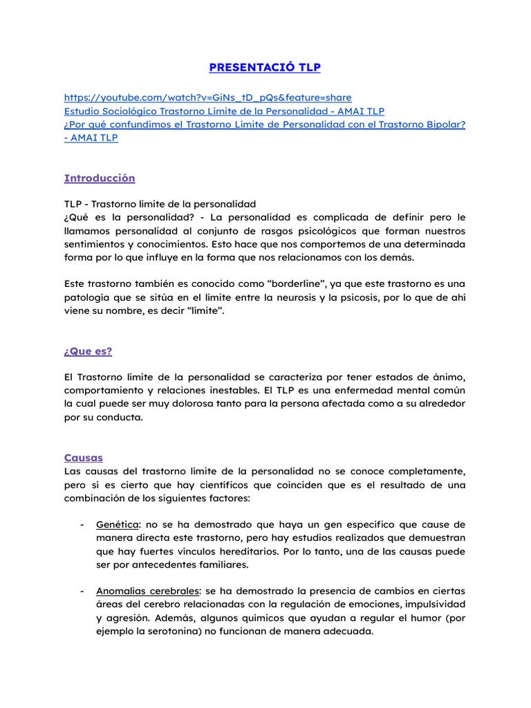 Presentació TLP | PDF | Trastorno límite de la personalidad | Trastorno depresivo mayor