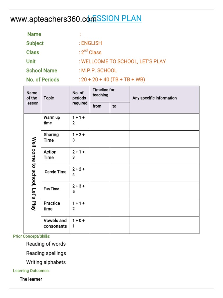 _2nd english lession plan welcome to school | PDF | Lesson Plan ...