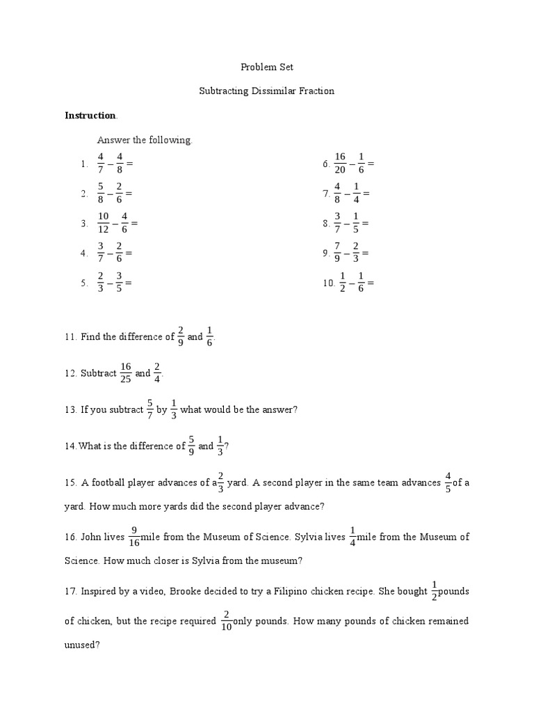 Problem Set Subtracting Dissimilar Fractions | PDF