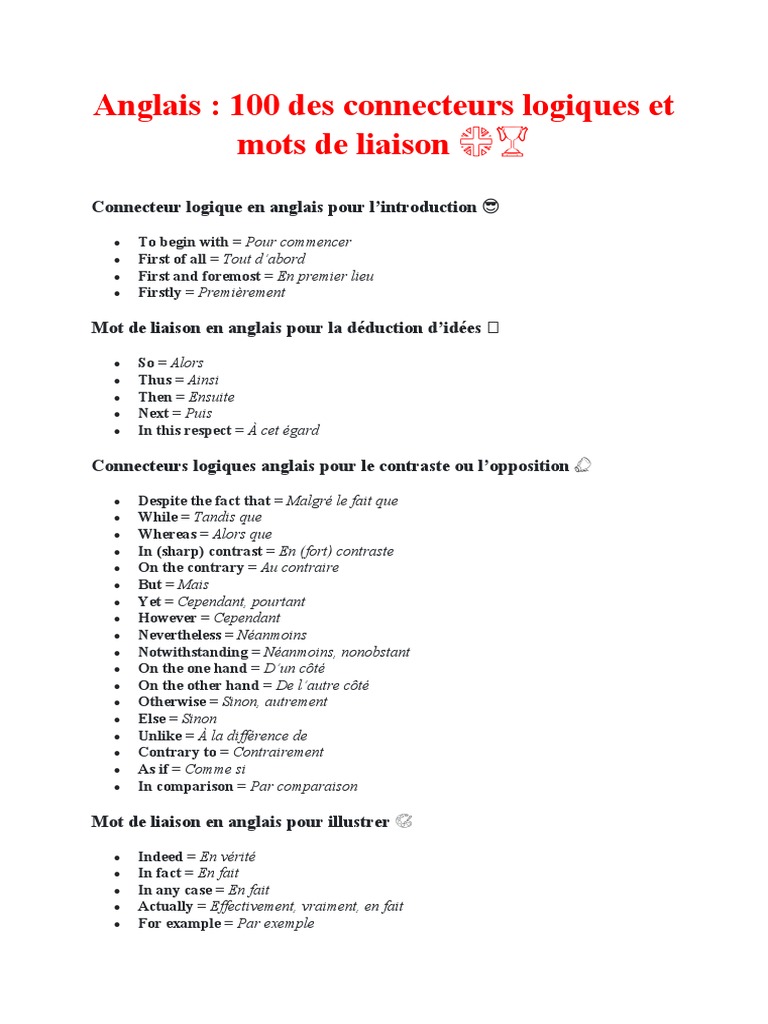 Anglais Connecteurs Logiques | PDF | Linguistique