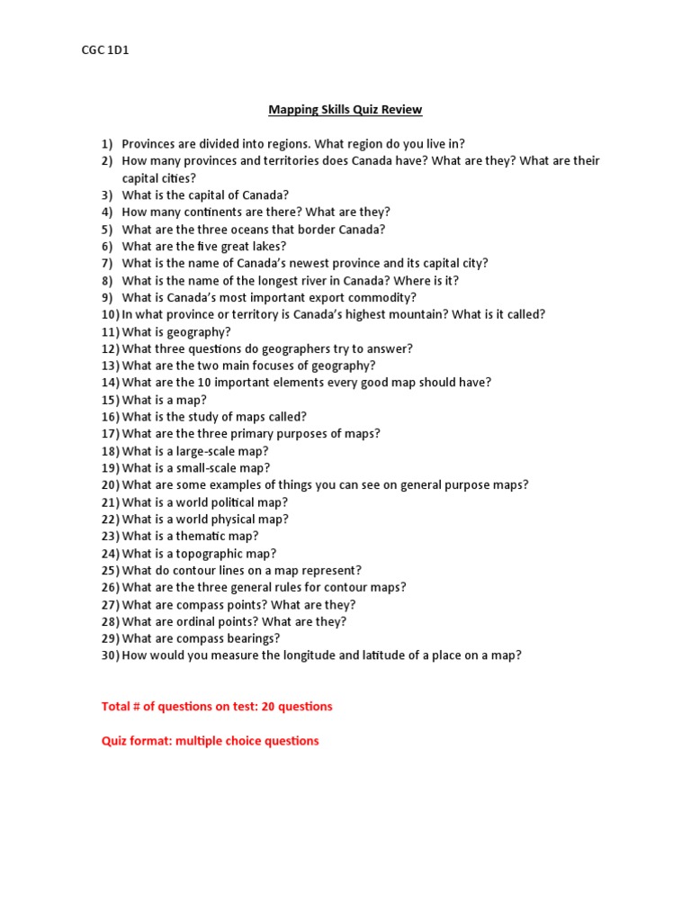 CGC 1D1 Mapping Skills Quiz Review | PDF