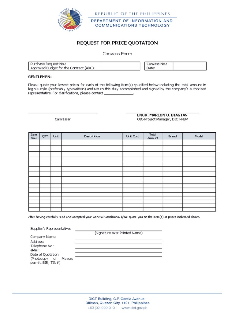 Request For Price Quotation: Canvass Form | PDF