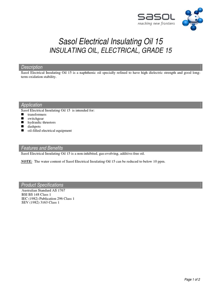 Sasol Electrical Insulating Oil 15 Guide | PDF | Insulator (Electricity ...