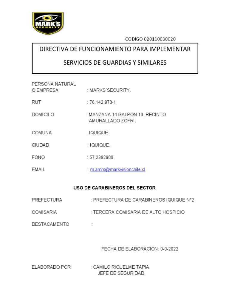 Formato Directiva Funcionamiento | Descargar gratis PDF | Guardia de seguridad