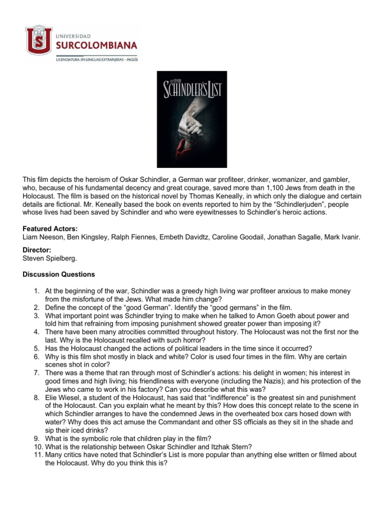 Schindlers List Discussion Questions | PDF Schindlers List Discussion Questions | PDF