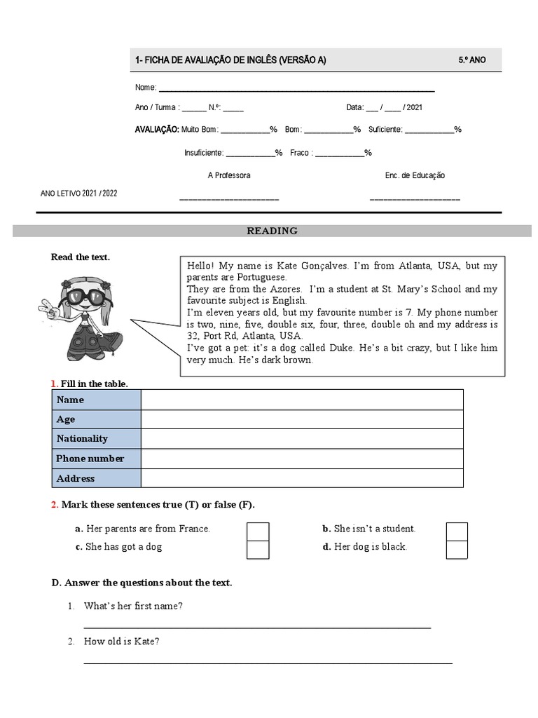Teste Inglês 5ºidentification | PDF