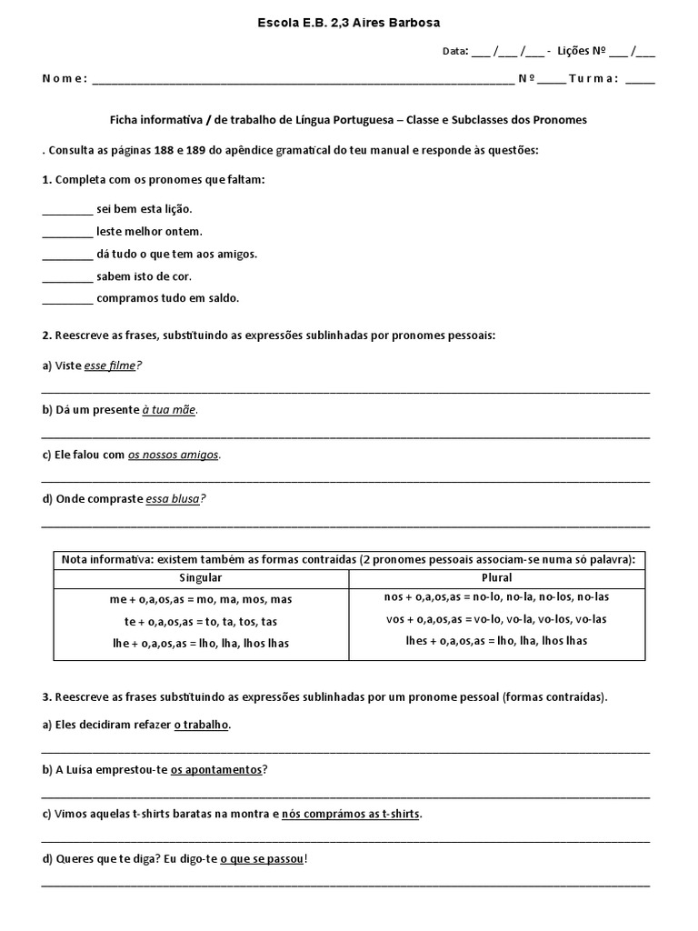 Ficha Informativa - de Trabalho de Língua Portuguesa - Classe e Subclasses Dos Pronomes | PDF ...