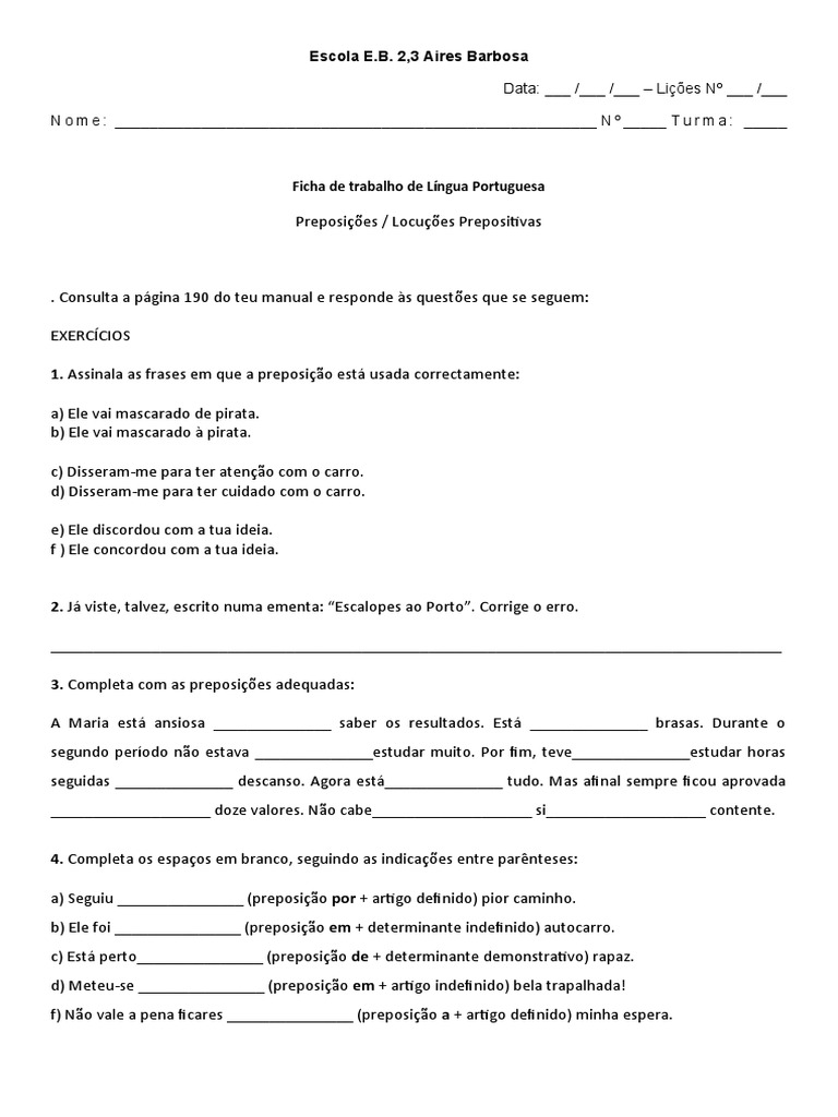 Exercícios de Preposições 5º Ano | PDF