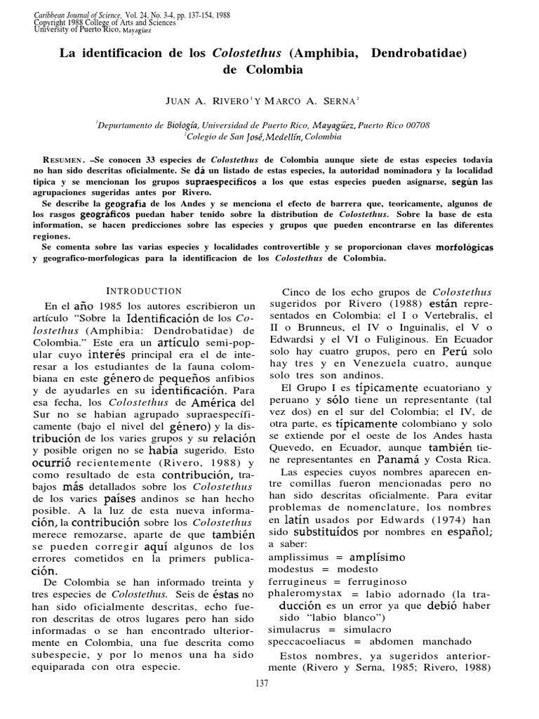 Rivero Et Serna 1988 (La Identificacion de Los Colostethus de Colombia ...