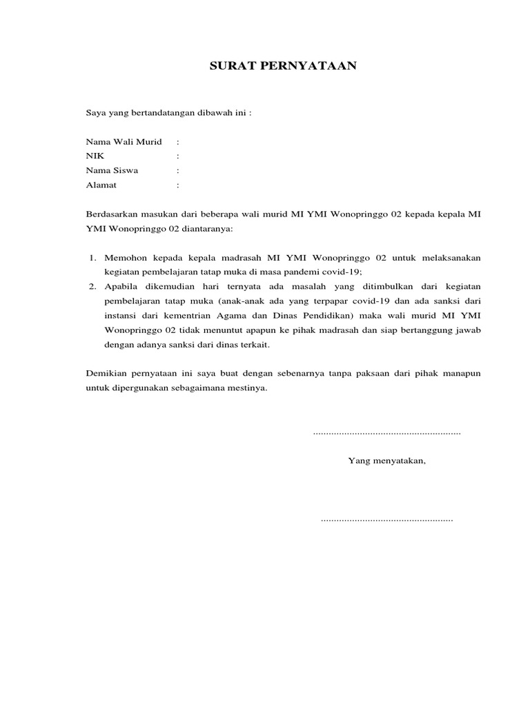 Surat Pernyataan Wali Murid | PDF