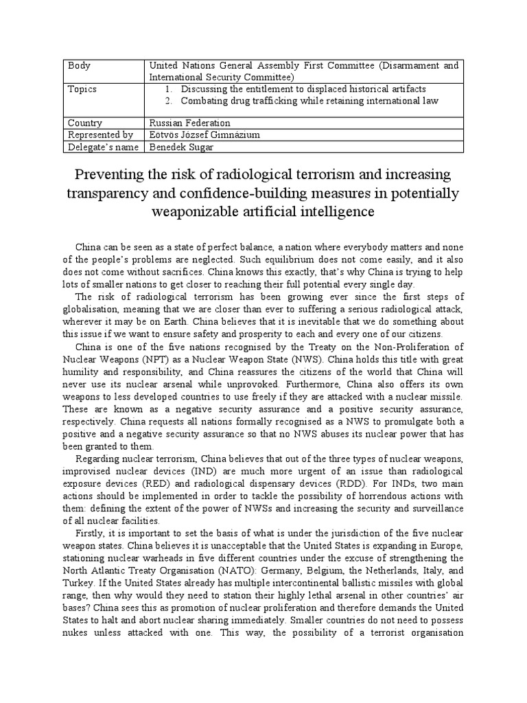 Position Paper Delegation of The Peoples Republic of China DISEC | PDF ...