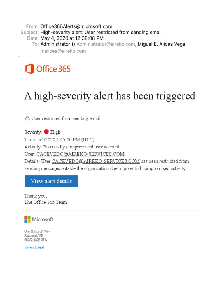 High-Severity Alert User Restricted From Sending Email | PDF