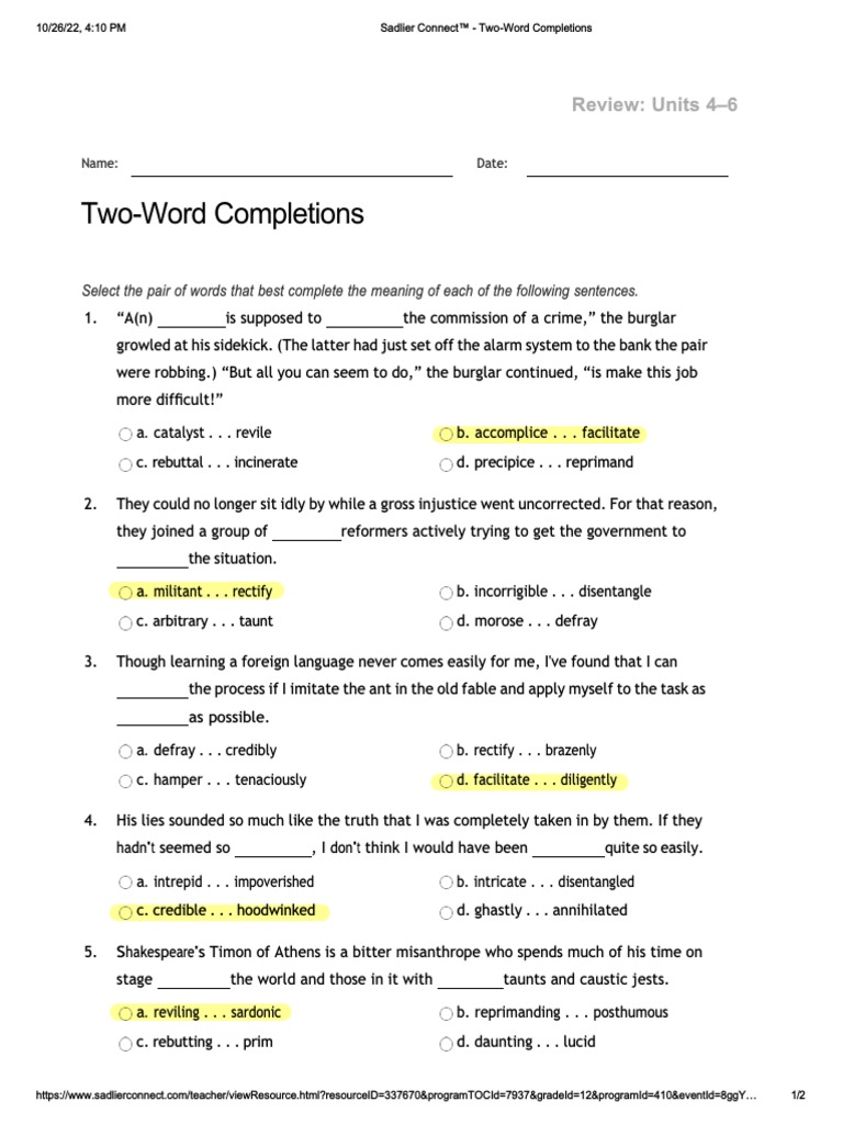 Sadlier Connect™ - Two-Word Completions - Units 4-6-1 | PDF