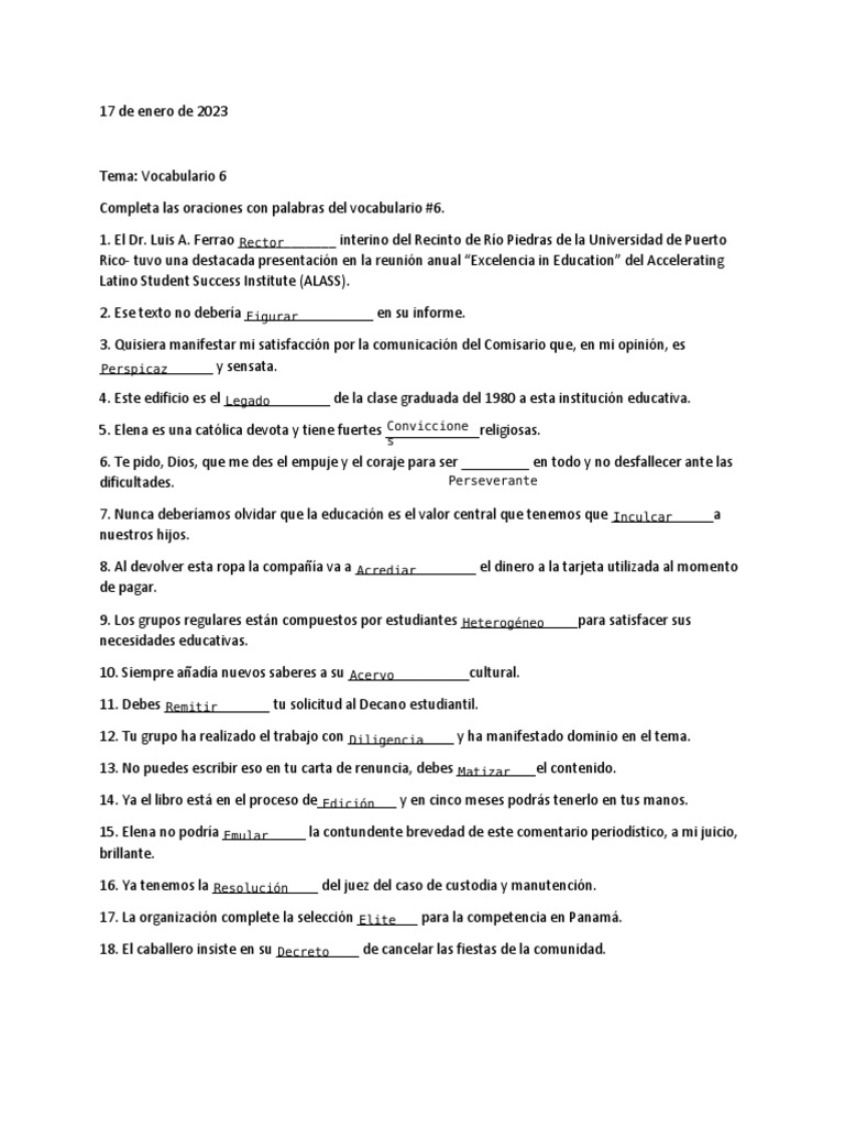 Ejercicios de Vocabulario 6 para Estudiantes | PDF