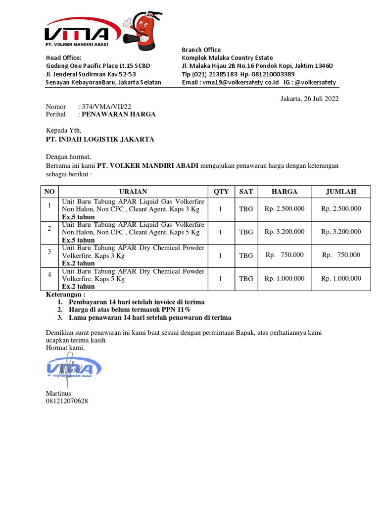Surat Penawaran Harga 374 Pt. Indah Logistik Jakarta-1 | PDF
