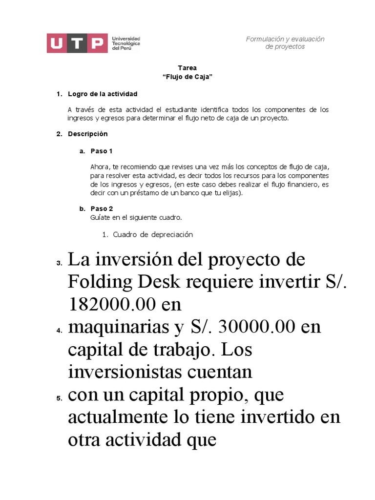 S12T2 - Flujo de Caja de Un Proyecto - Actividad | PDF | Flujo de efectivo | Inversiones
