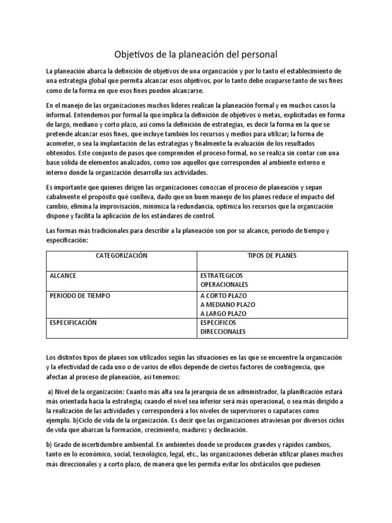 Objetivos de La Planeación Del Personal | PDF | Planificación | Gestión ...