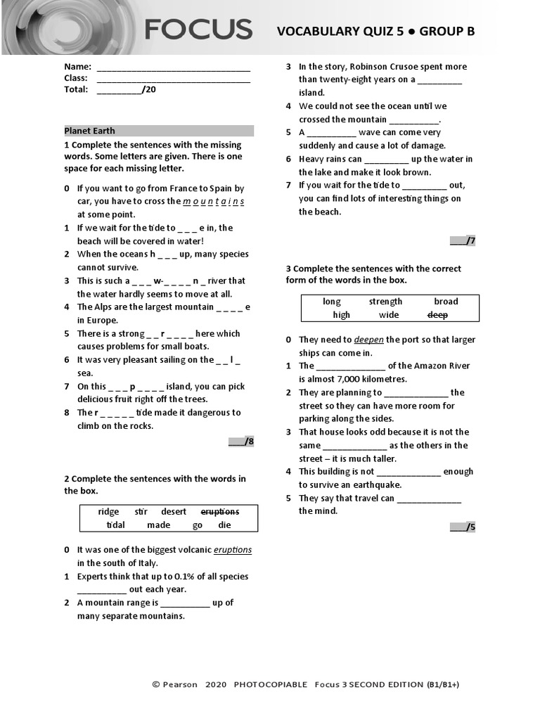 Focus3 2E Vocabulary Quiz Unit5 GroupB (1) | PDF | Earth Sciences | Physical Geography