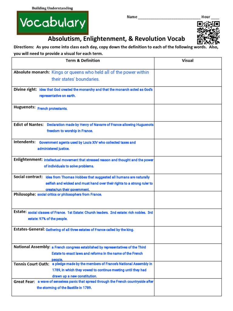 Absolutism, Enlightenment, Absolutism Vocab Handout 2015 | PDF ...
