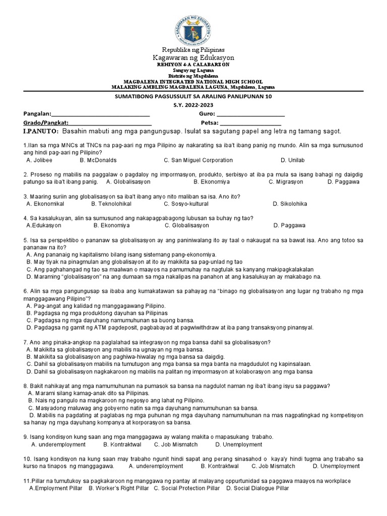 AP 10 2ND SUMMATIVE Test For Print | PDF