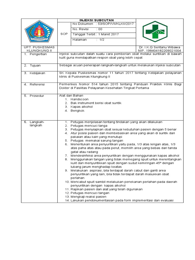 SOP Injeksi Subcutan | PDF | Pengembangan Diri | Sains & Matematika