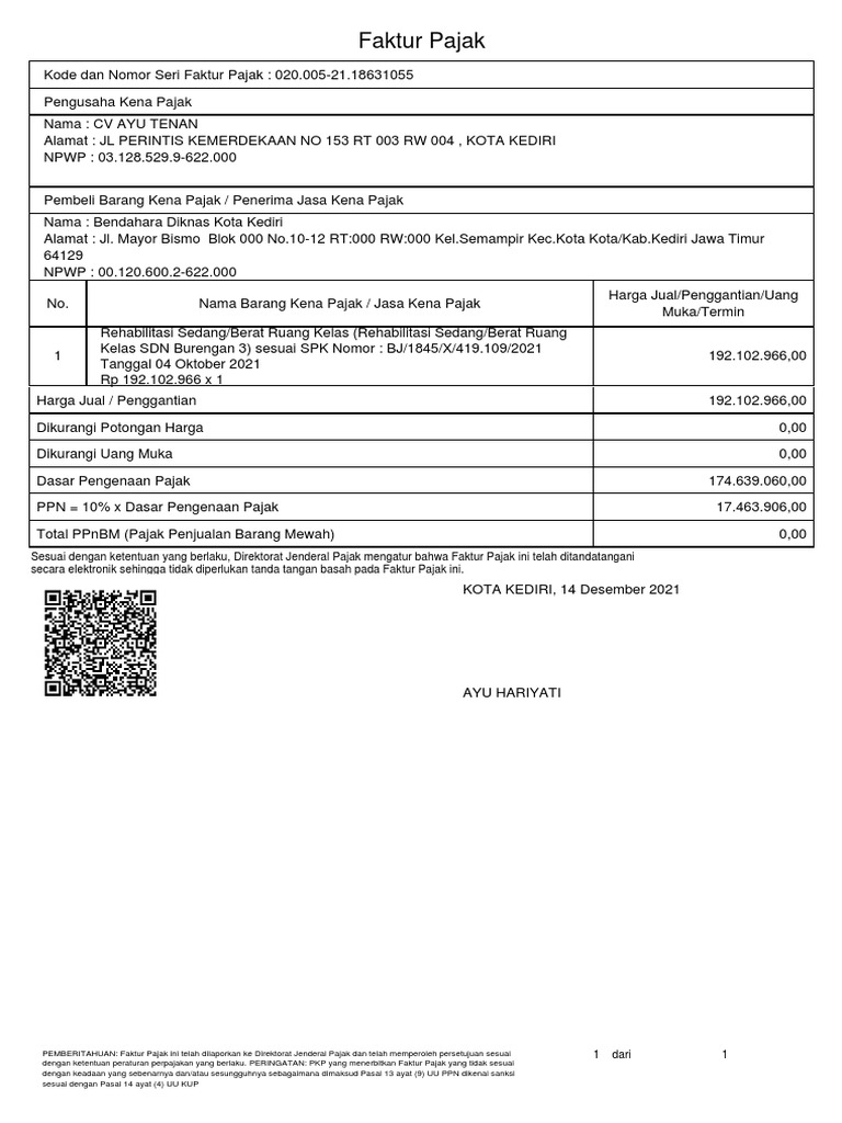 E Faktur M Wesnu CV AYU TENAN 14-12-2021 | PDF