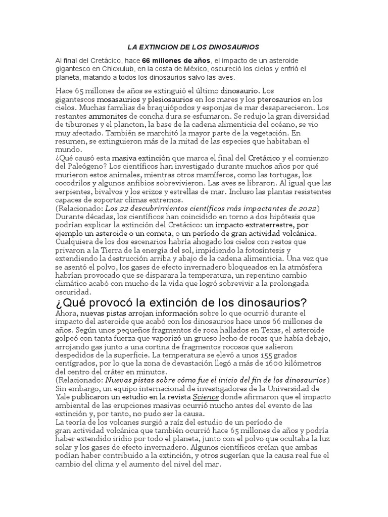 La Extincion de Los Dinosaurios | PDF | Dinosaurios | Tierra