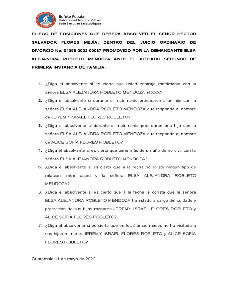 Pliego de Posiciones en Divorcio | PDF