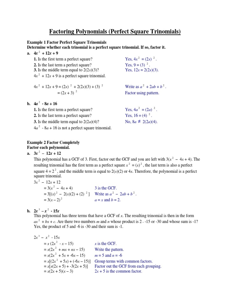 Factoring Polynomials Perfect Square Trinomials | PDF | Factorization | Equations