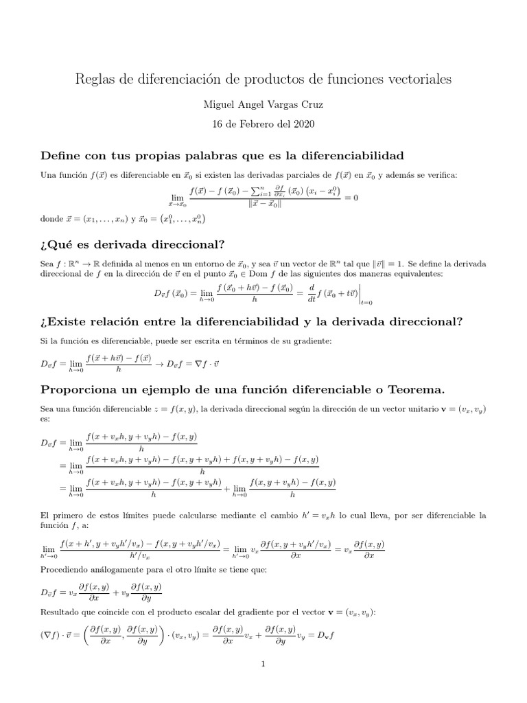 Reglas de Diferenciaci On de Productos de Funciones Vectoriales | PDF | Degradado | Análisis