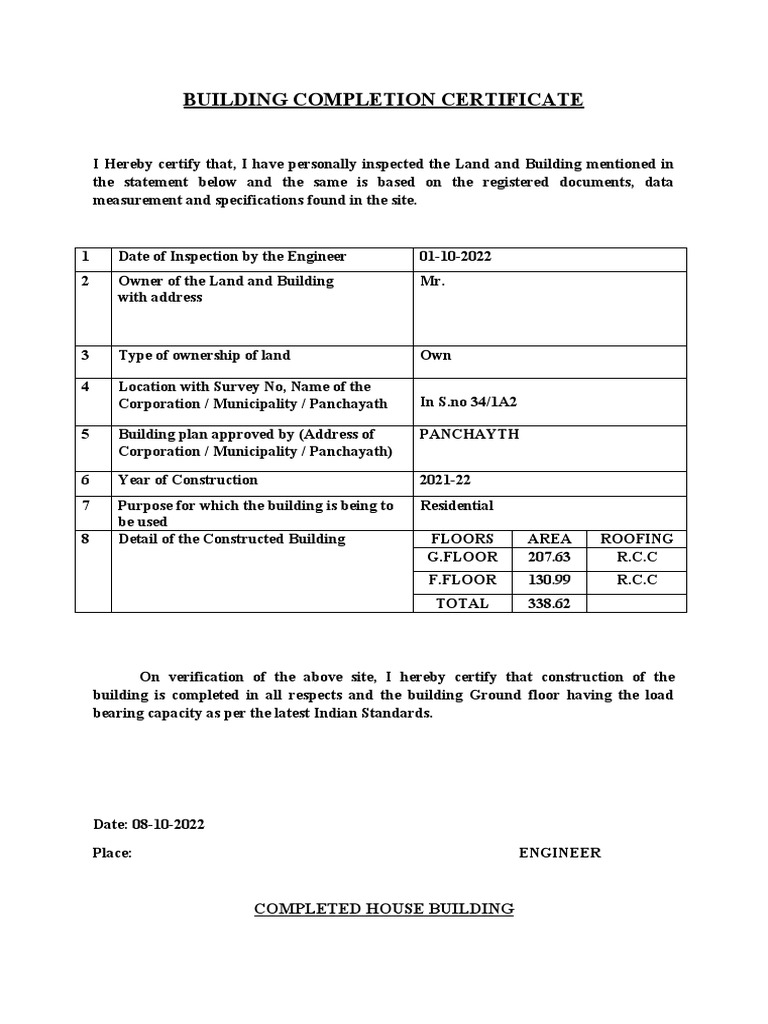 Residential Building Completion Certificate | PDF | Technology ...