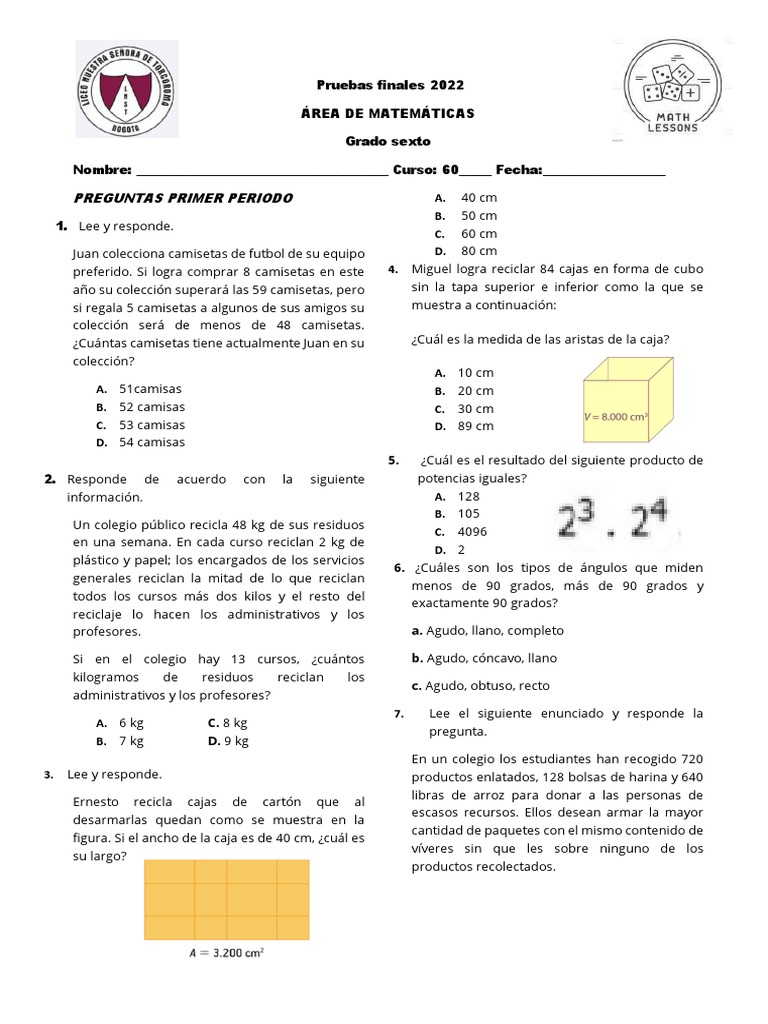 Prueba Final Matemáticas SEXTO 2022 | PDF