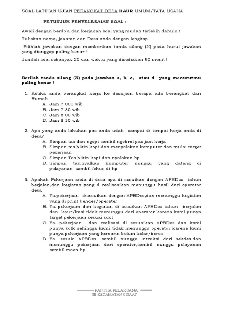 Pertanyaan Soal Soal Latihan Bimtek Kaur Umum | PDF