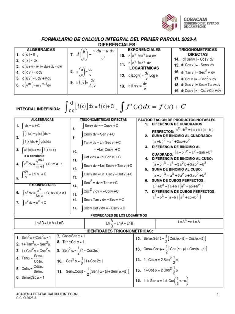 01 Formulario Primer Parcial | PDF | Logaritmo | Matemáticas