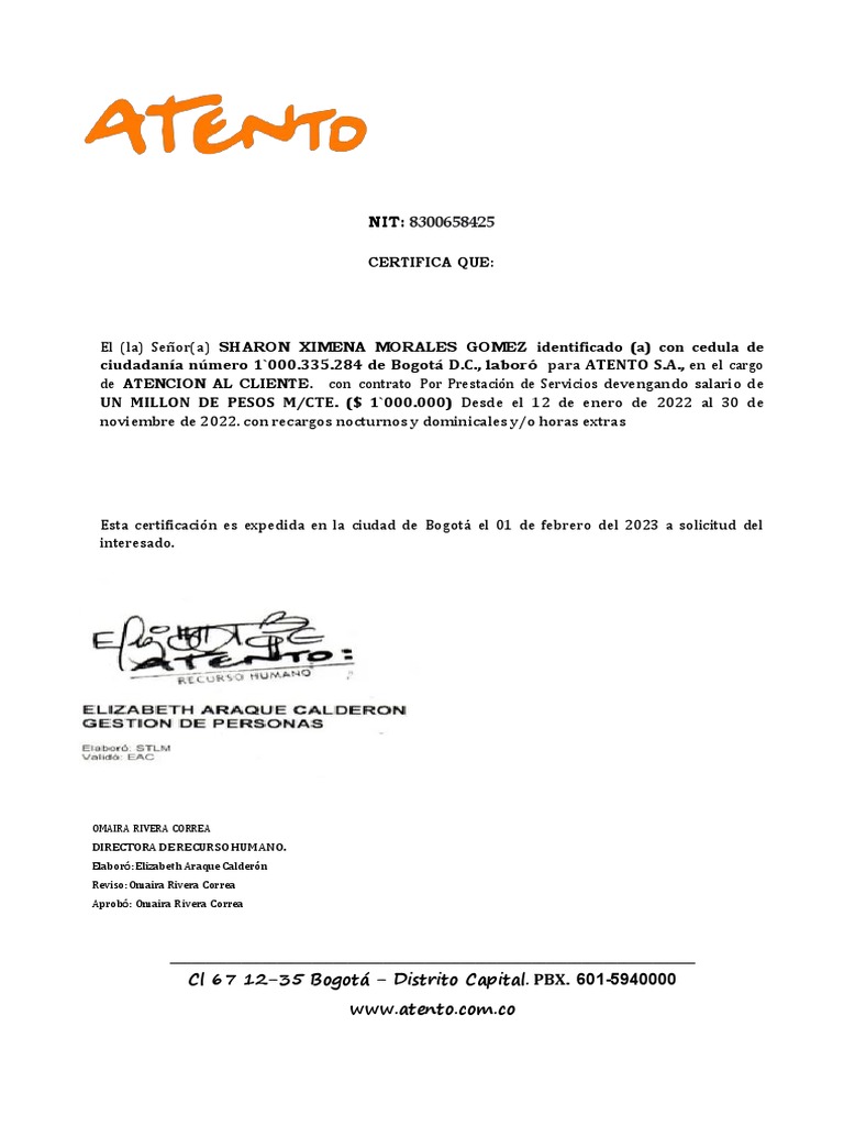 Carta Laboral Atento | PDF