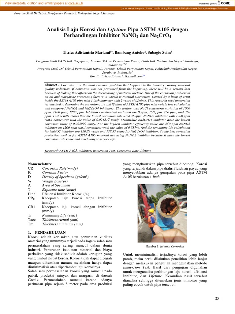 Analyzing Corrosion Rate and Lifetime of ASTM A105 Pipe Using NaNO2 and Na2CrO4 Inhibitors | PDF ...