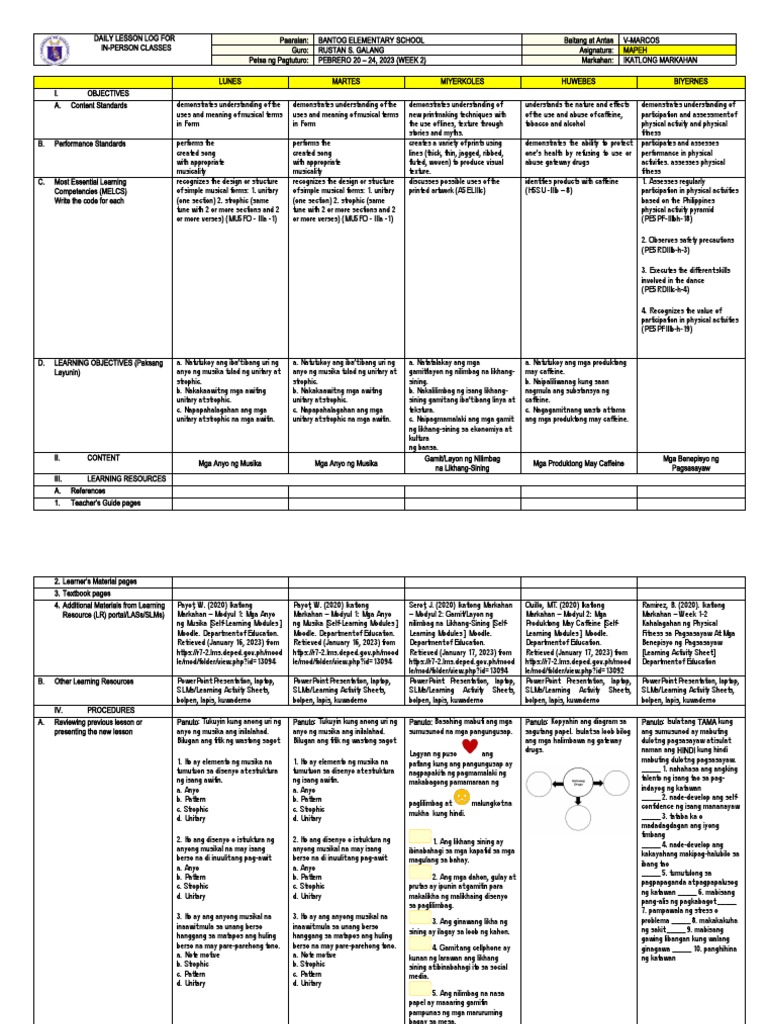 G5 Q3W2 DLL MAPEH MELCs | PDF